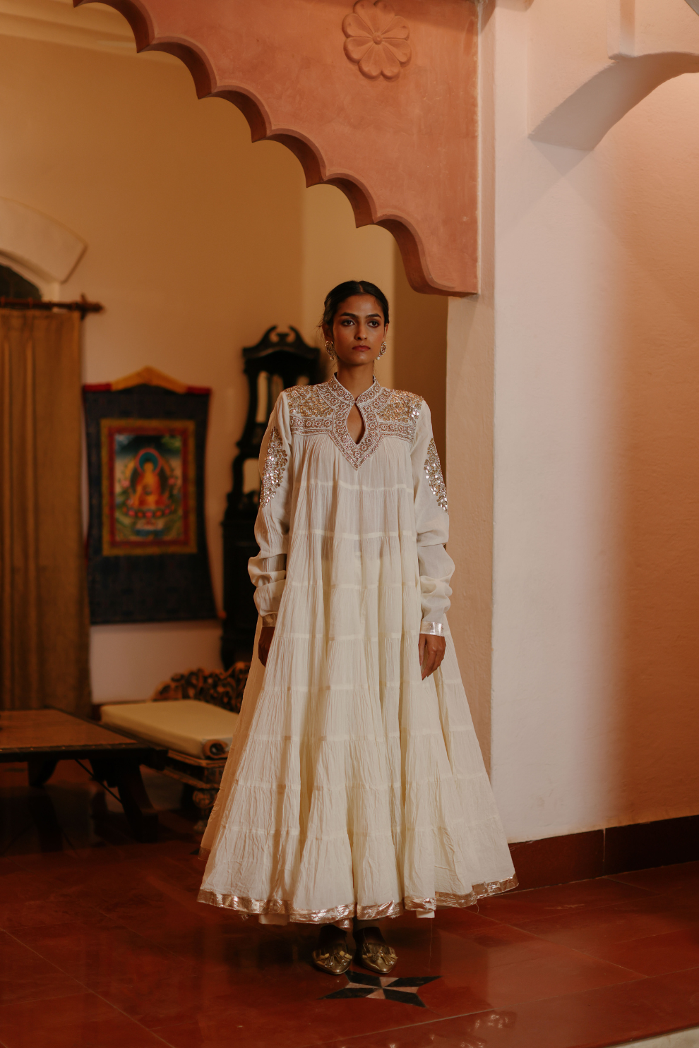 Off white 100 frill kurta with yolk embroidery – NAZAR