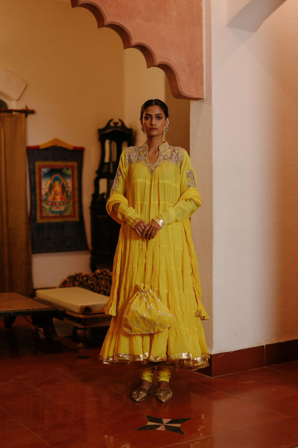 Yellow 100 frill kurta with yolk embroidery – NAZAR